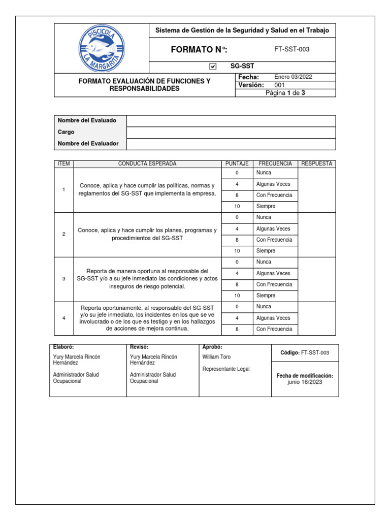FT-SST-003 Formato Evaluacion de Funciones y Responsabilidades | PDF