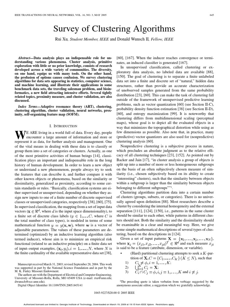 Survey of Clustering Algorithms: Rui Xu, Student Member, IEEE and ...