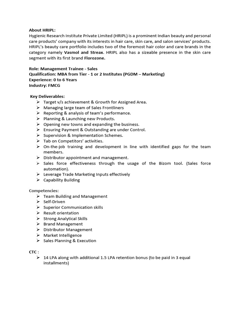 HRIPL Sales Management Trainee Role | PDF | Career & Growth