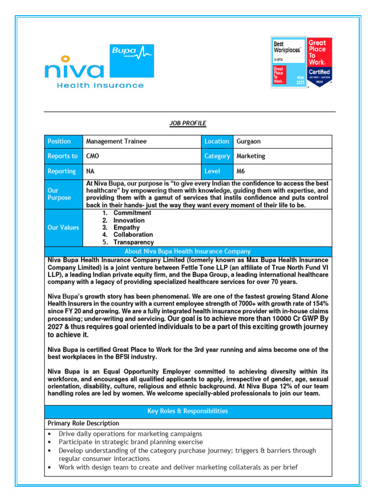 JD - Niva Bupa Health Insurance - IMI New Delhi | PDF | Marketing ...