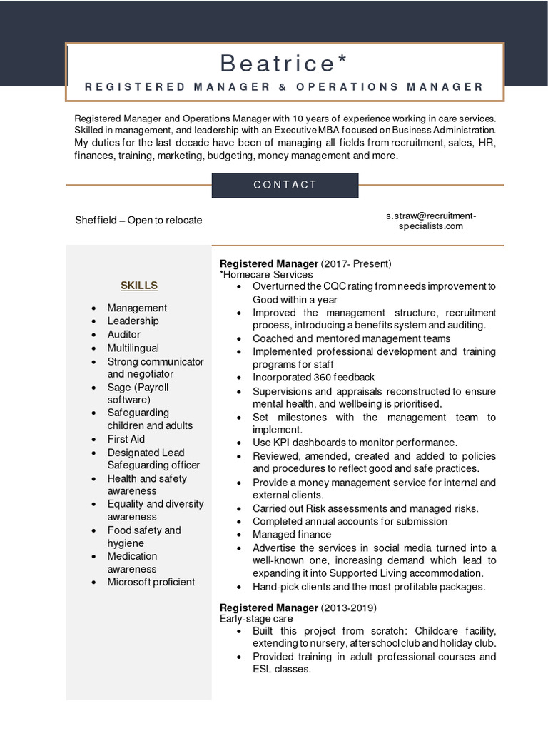 Beatrice - CV Registered Manager - 48K - Shefield-Opentorelocate | PDF ...