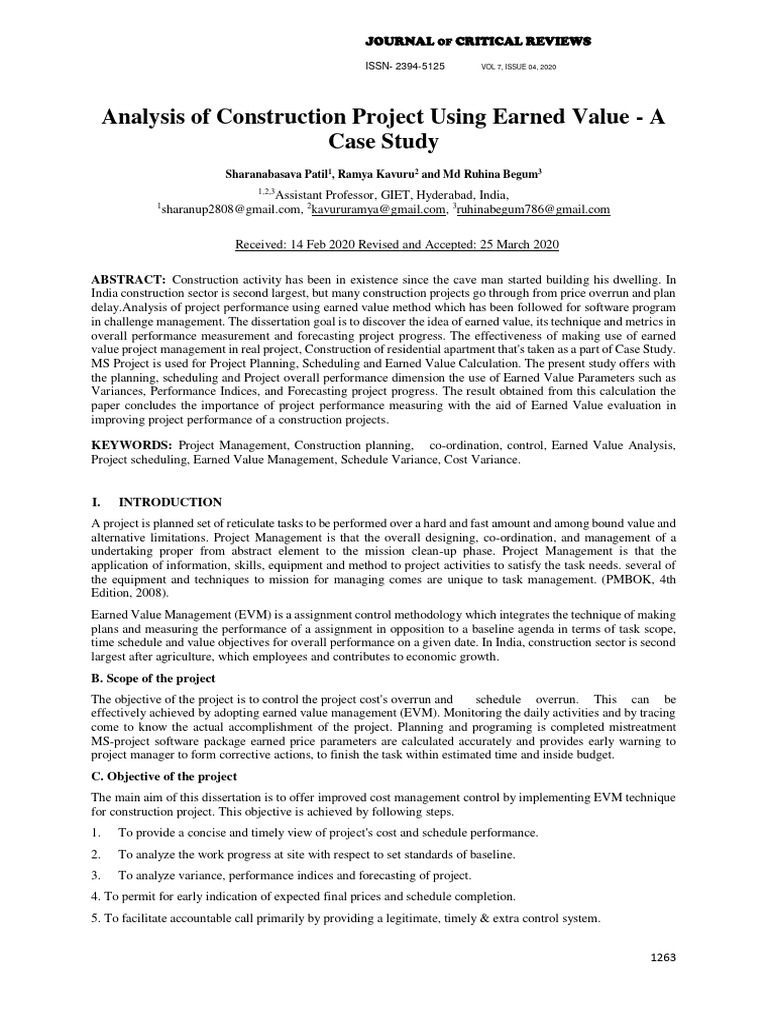 Analysis Of Construction Project Using Earned Value Pdf Business
