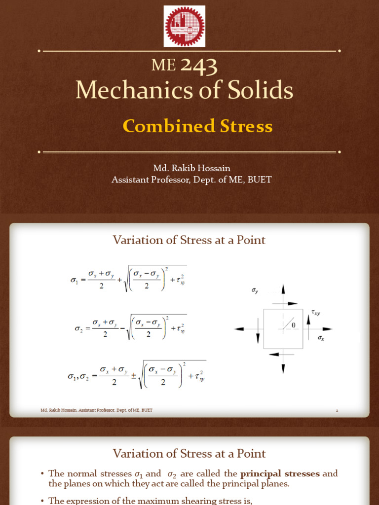 Lecture 13 - ME 243 - Combined Stress | PDF | Stress (Mechanics ...