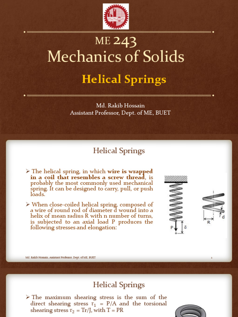 Lecture 08 - ME 243 - Helical Springs | PDF | Helix | Stress (Mechanics)