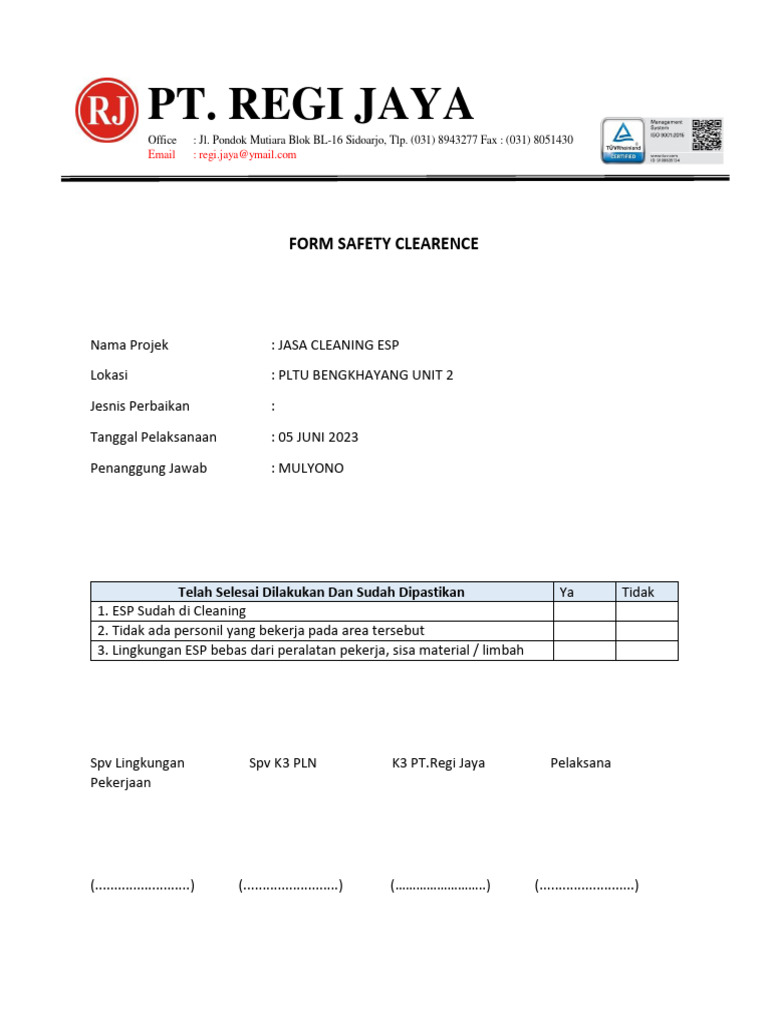 Form Safety Clearence | PDF