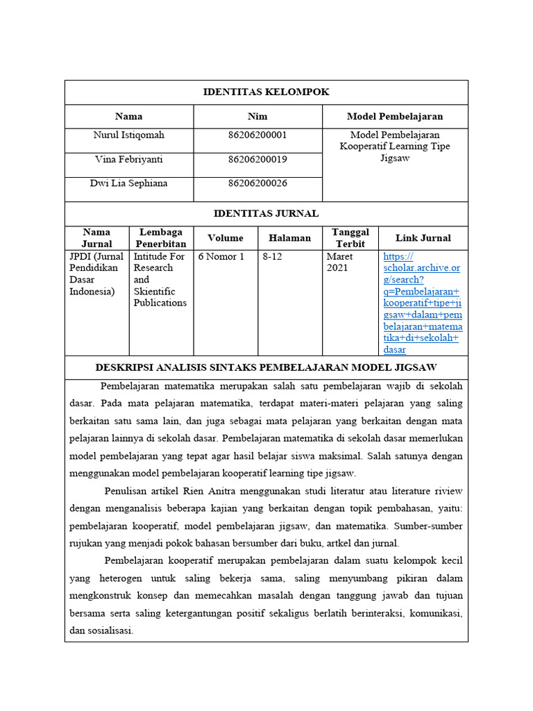 Riview Jurnal Model Jigsaw Kelompok 2 | PDF