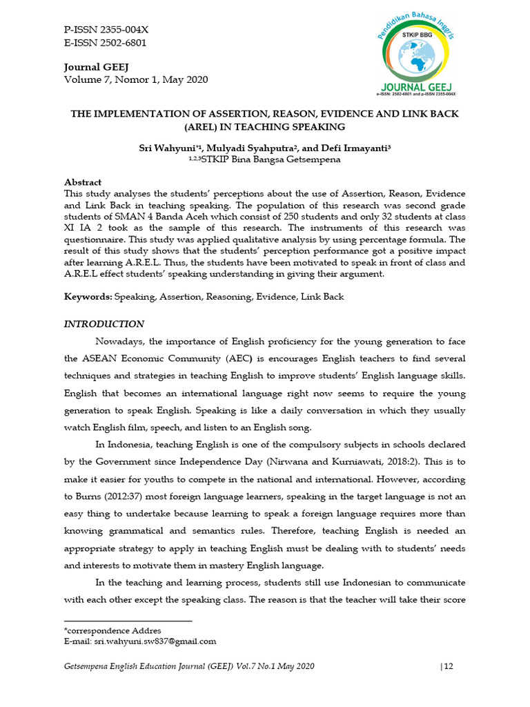 Sri Wahyuni DKK - The İmplementation of Assertion, Reason, Evidence, and Link Ba | PDF ...