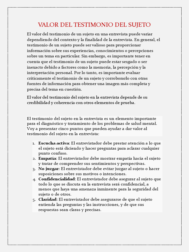 Valor Del Testimonio Del Sujeto | PDF Valor Del Testimonio Del Sujeto | PDF