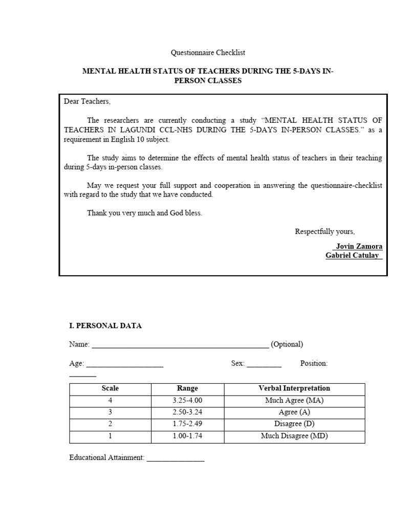Questionnaire Checklist | PDF | Teachers | Learning