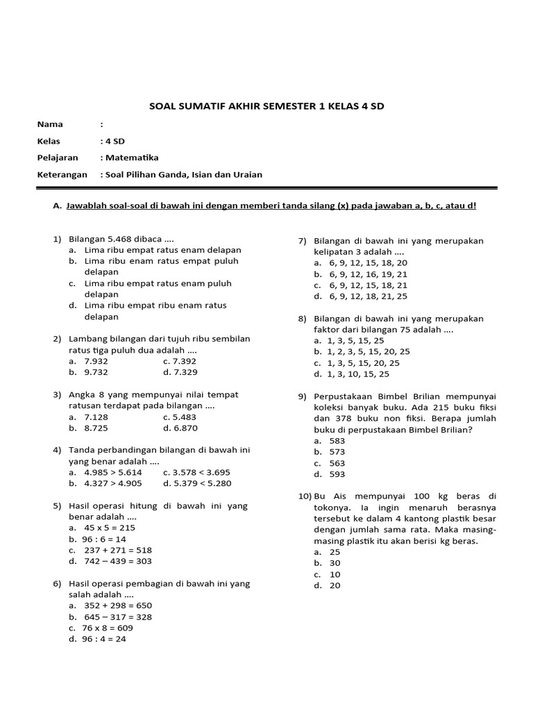 Soal SAS Matematika Kelas 4 SD Semester 1 | PDF