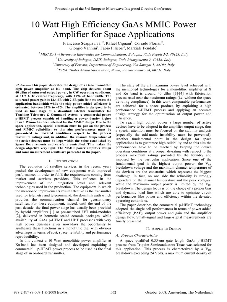 10 Watt High Efficiency GaAs MMIC Power Amplifier For Space Applications | PDF | Amplifier ...