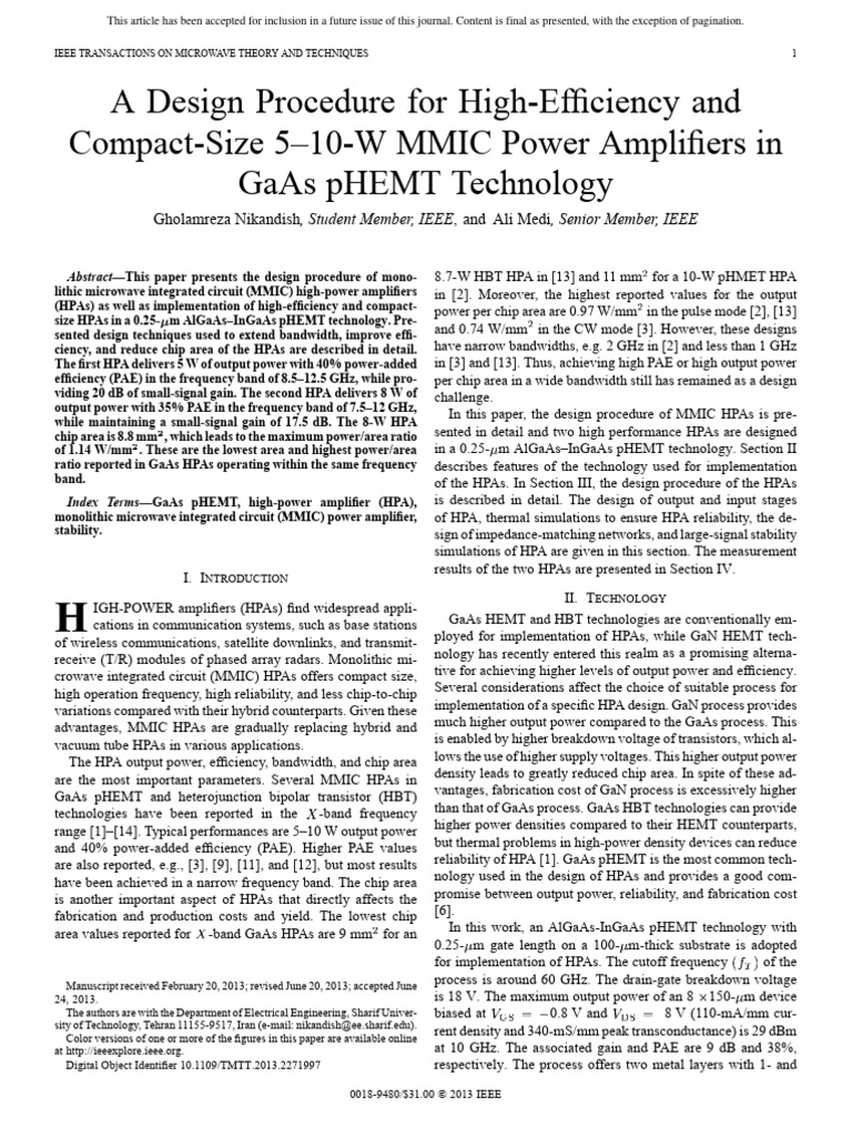 A Design Procedure For High-Efficiency and Compact-Size 5-10-W MMIC Power Amplifiers in GaAs ...