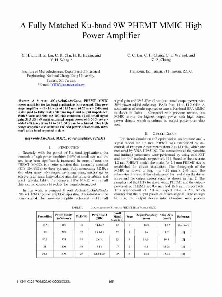 Ku-Band 9W PHEMT MMIC Amplifier | PDF | Amplifier | Field Effect Transistor