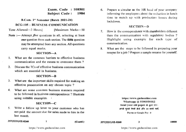 Bcom 1 Sem Business Communication 1984 2021 | PDF