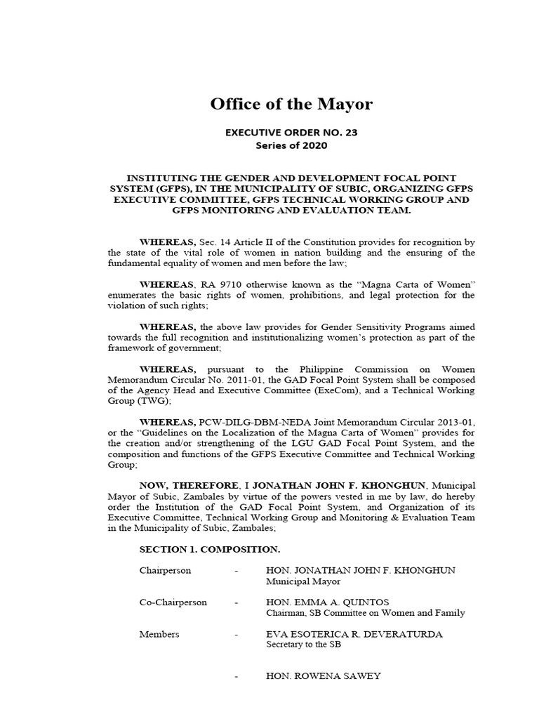 Executive Order No. 18 Instituting The Gender and Development Focal ...