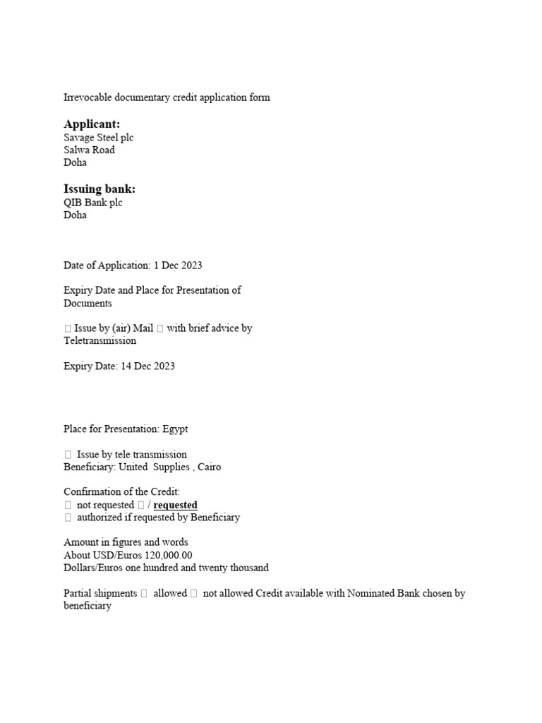 Irrevocable Documentary Credit Application Form Traditional | Download ...