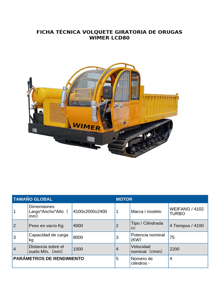 Ficha Tecnica Dumper Wimer LCD80 | PDF | Vehículos | Vehículo de motor