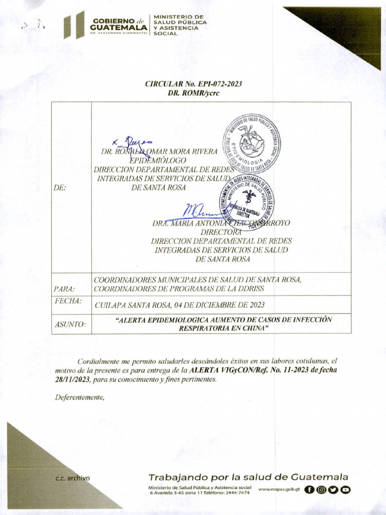 Circular No. EPI-072-2023 Alerta Epidemiologica Aumento de Casos de Infeccion Respiratoria en ...