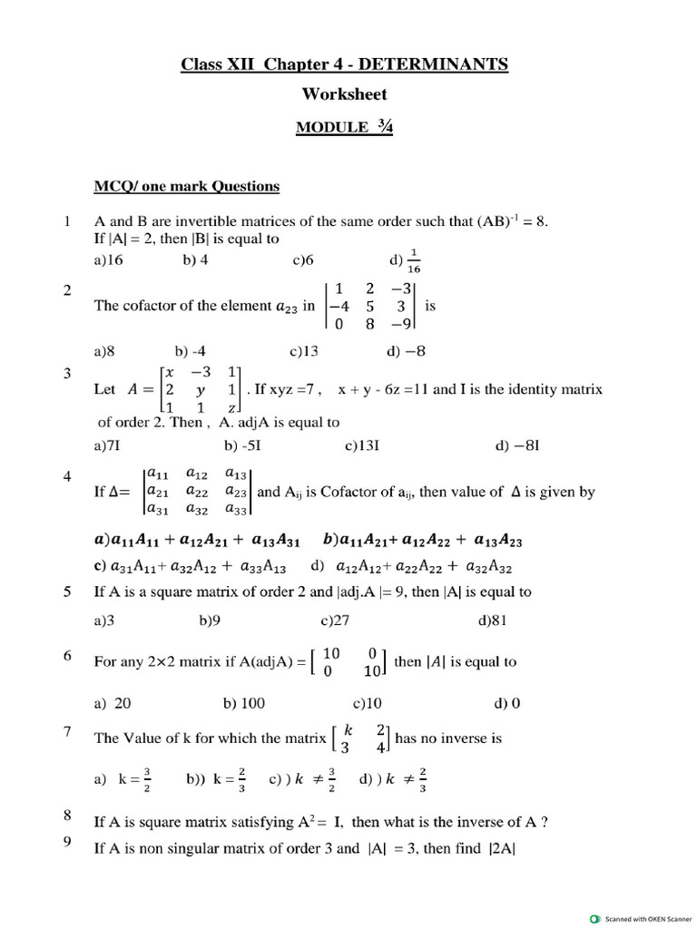 Work Sheet - Module 3 (Class 12 Maths Chapter 4 Determinants) by Mini ...