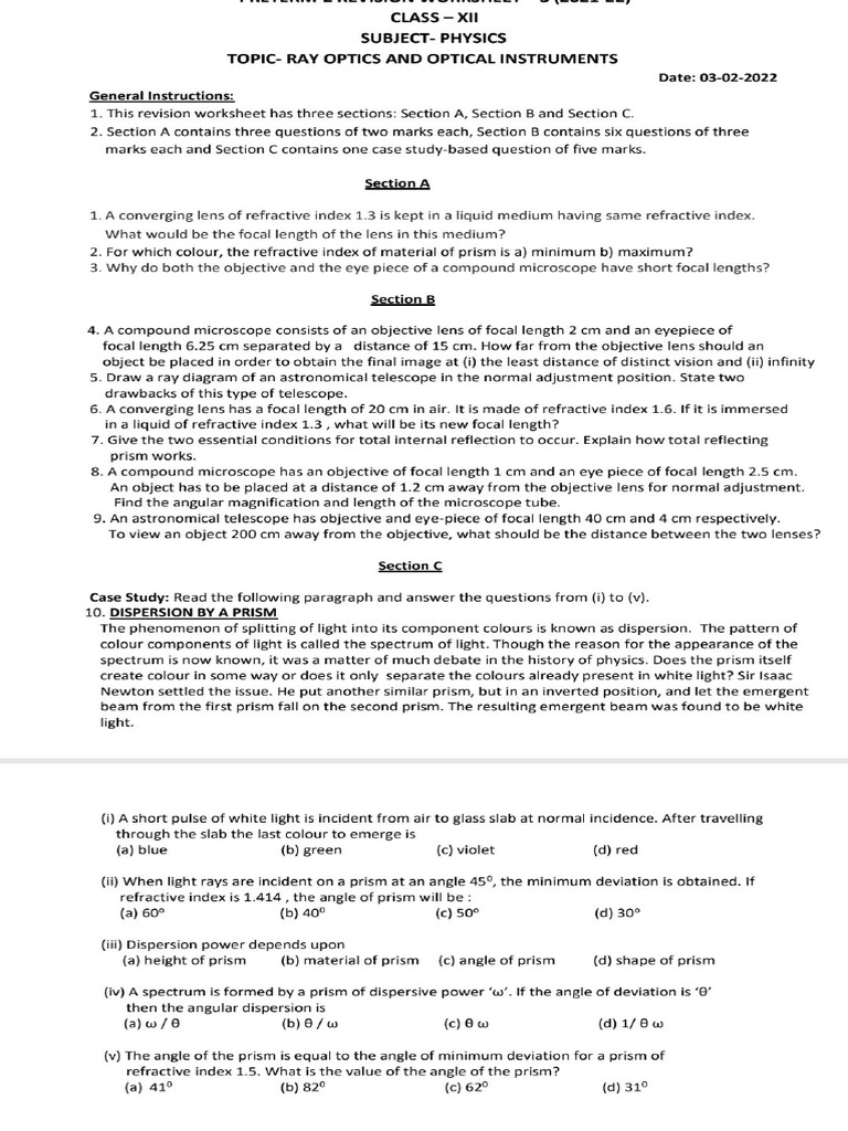 Physics Worksheet Class 12 | PDF
