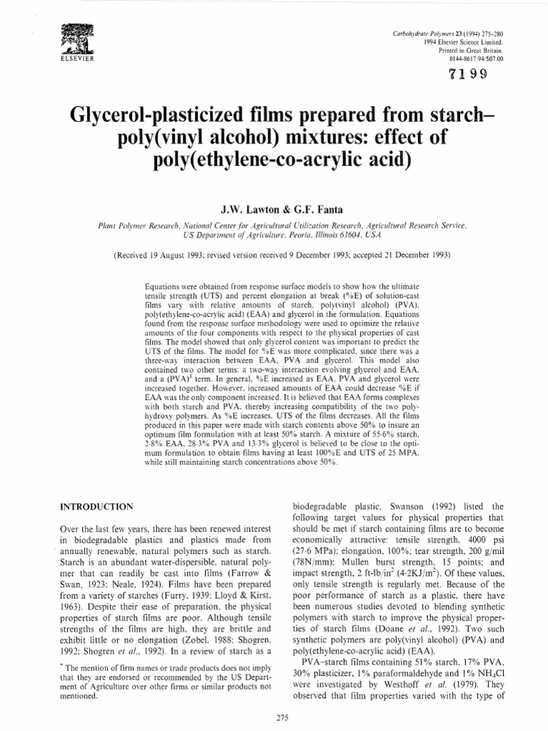 Glycerol-Plasticized Films Prepared From Starch-Poly (Vinyl Alcohol ...