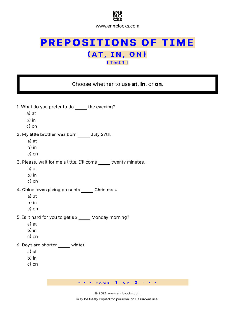 Prepositions of Time Quiz and Answers | PDF