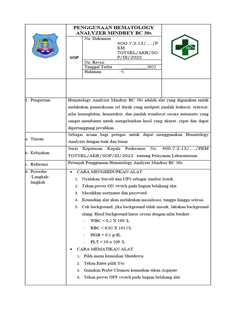 Sop Penggunaan Hematology Analyzer 15 | PDF