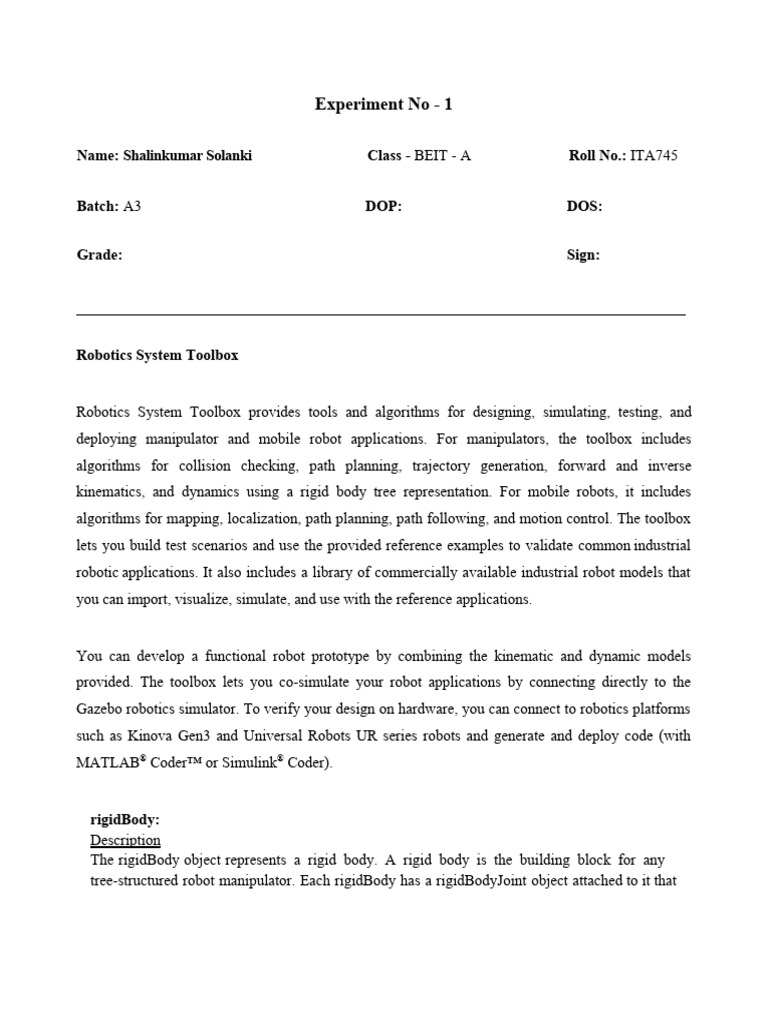ROB Vaishnavi - Experiment No - 1 | PDF | Mechanics | Applied Mathematics