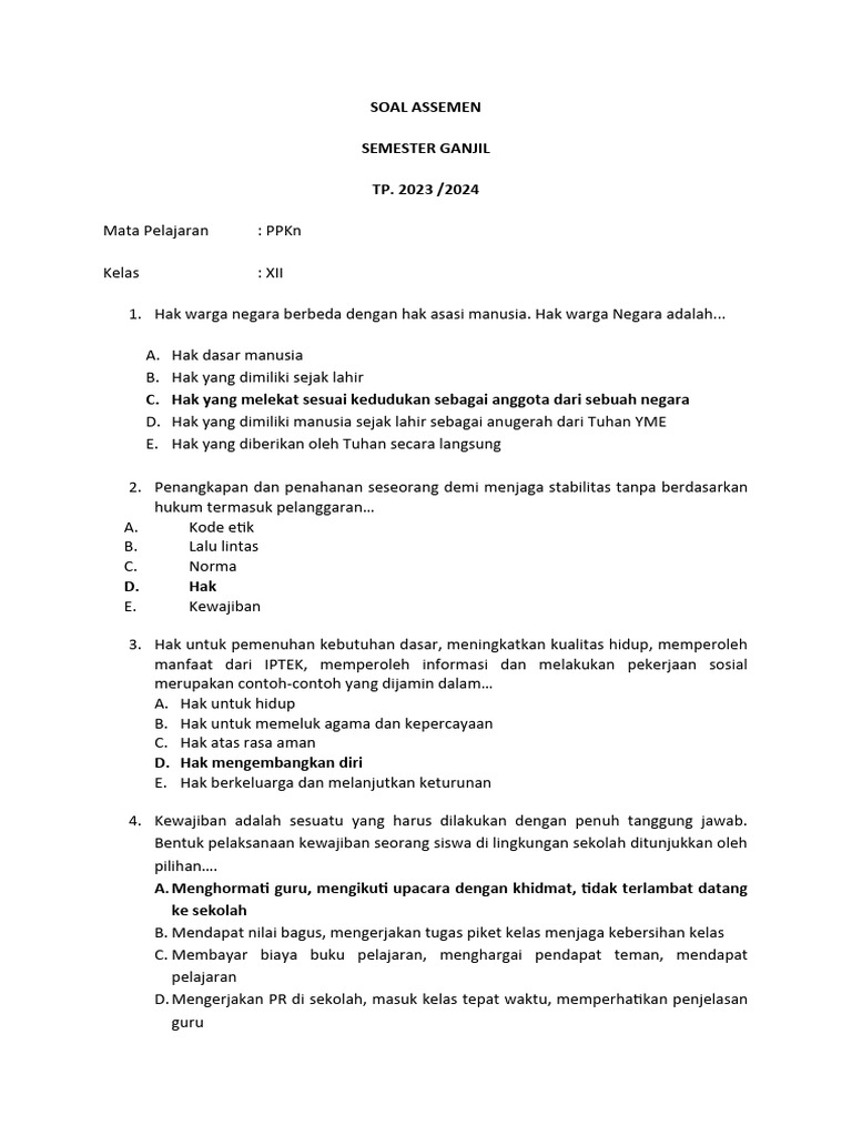 SOAL ASSEMEN SUMATIF KELAS XII PPKN GANJIL | PDF | Ilmu Sosial | Hukum