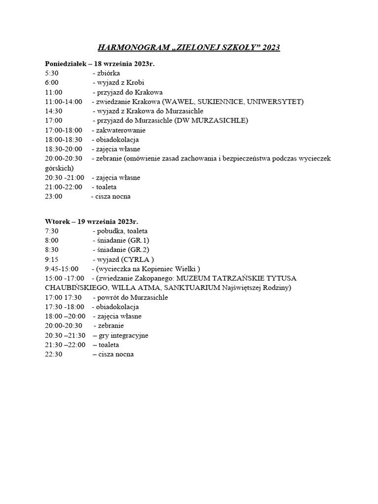 Harmonogram Zielona Szkoła 2 | PDF