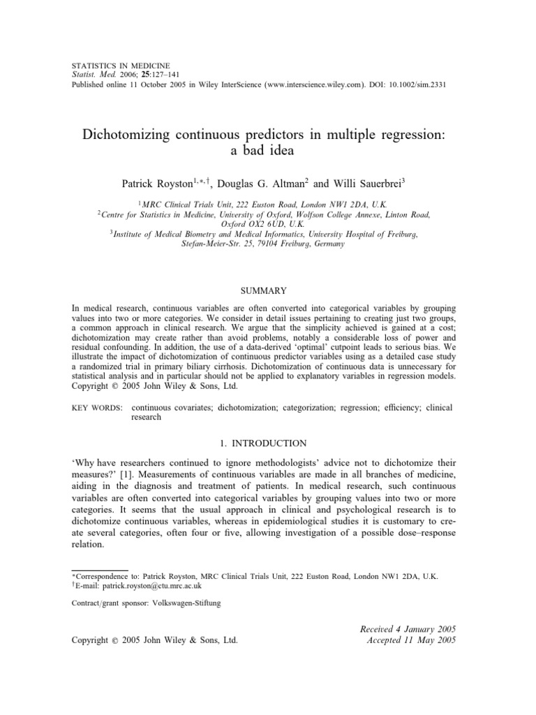 Dichotomizing Continuous Predictors in Multiple Regression: A Bad Idea | PDF | Dependent And ...