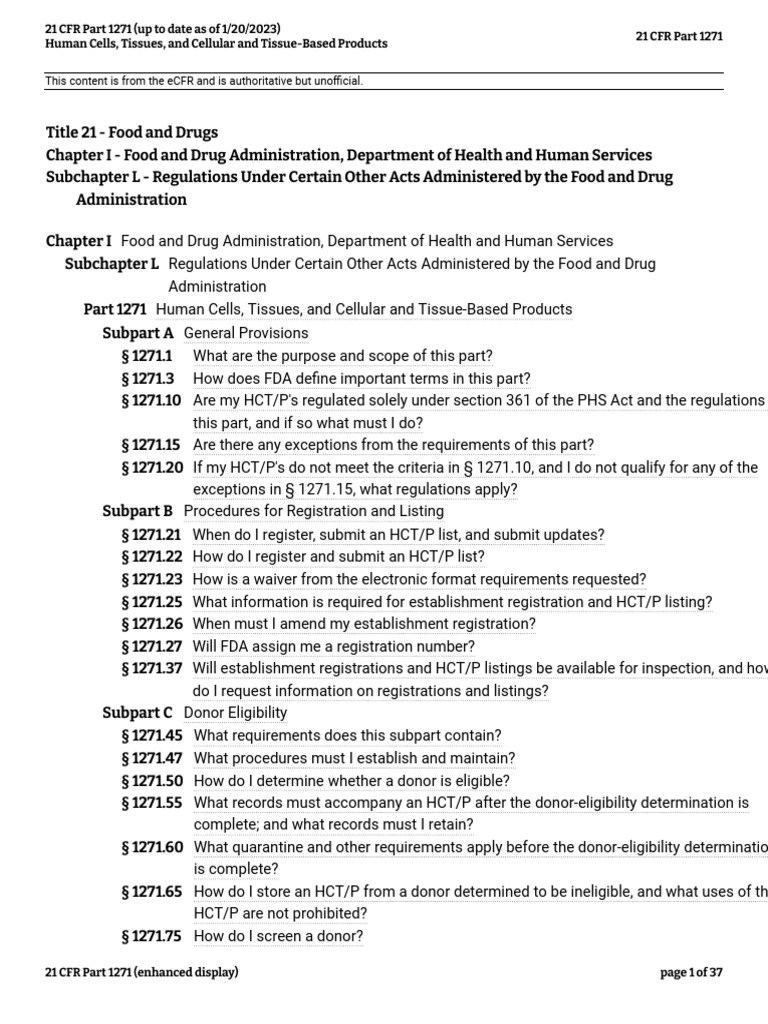 21 CFR Part 1271 Good Tissue Practice | PDF | Blood Plasma | Food And ...