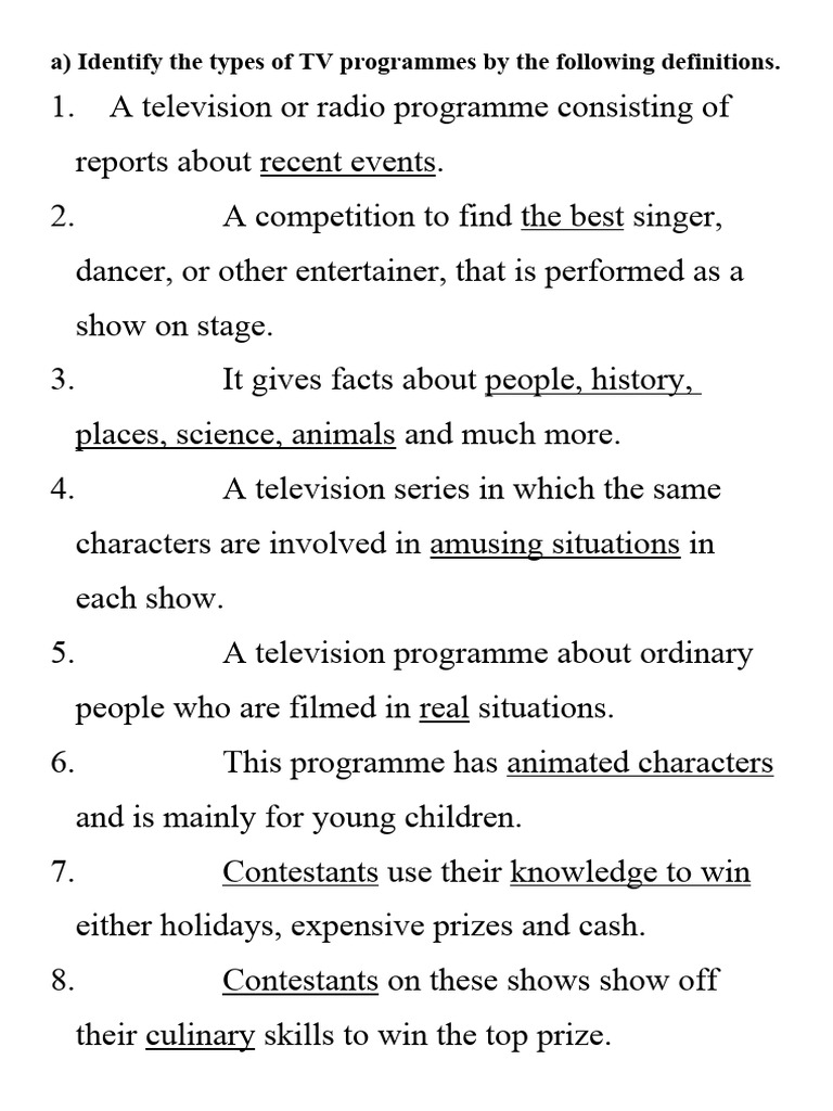 Sentences and Definitions About TV Programmes | PDF | Young Adult