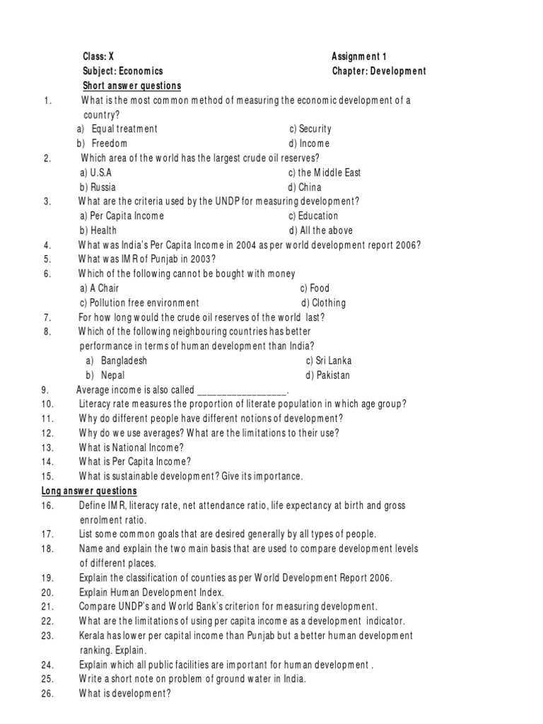 Class 10 Economics: Development Worksheet | PDF | Income | Economies