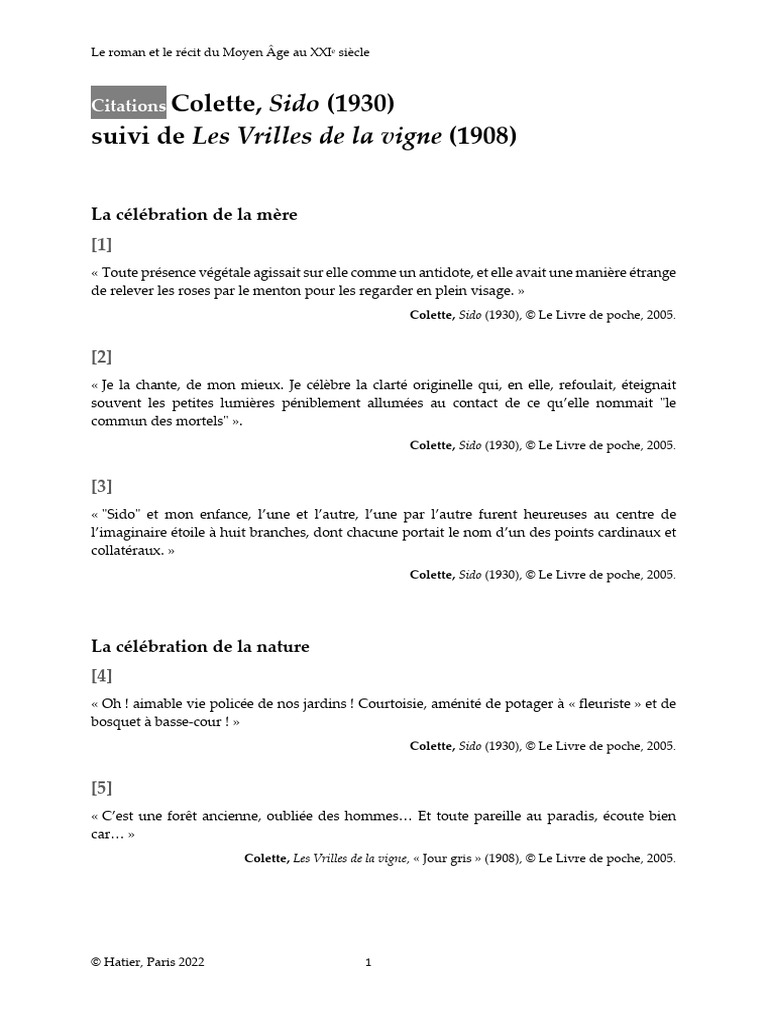 Citations de Colette : Sido et Les Vrilles | PDF