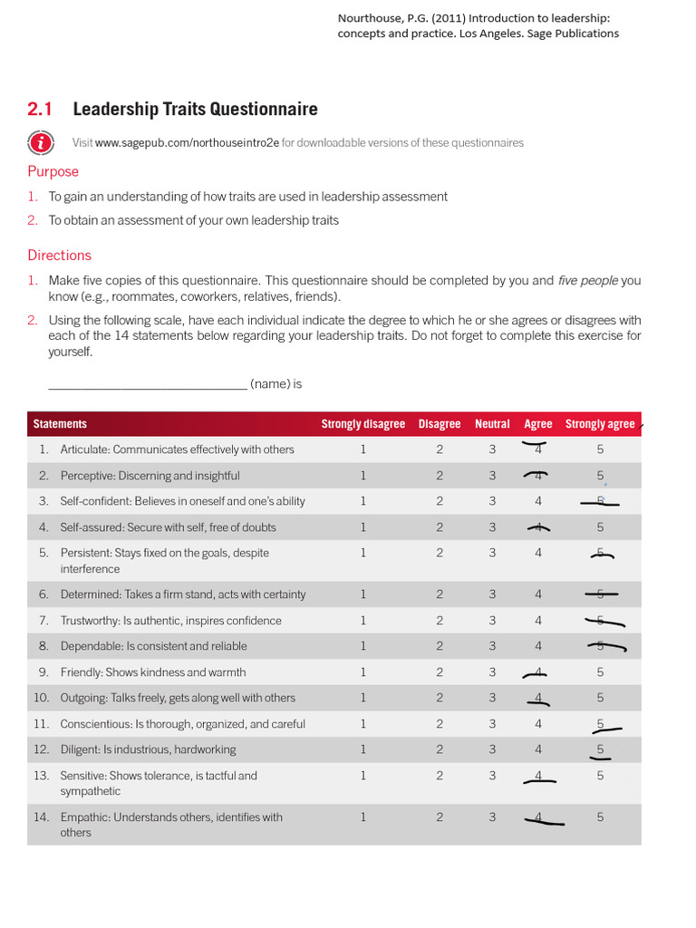 Leadership Trait Questionaire Northhouse | Download Free PDF ...