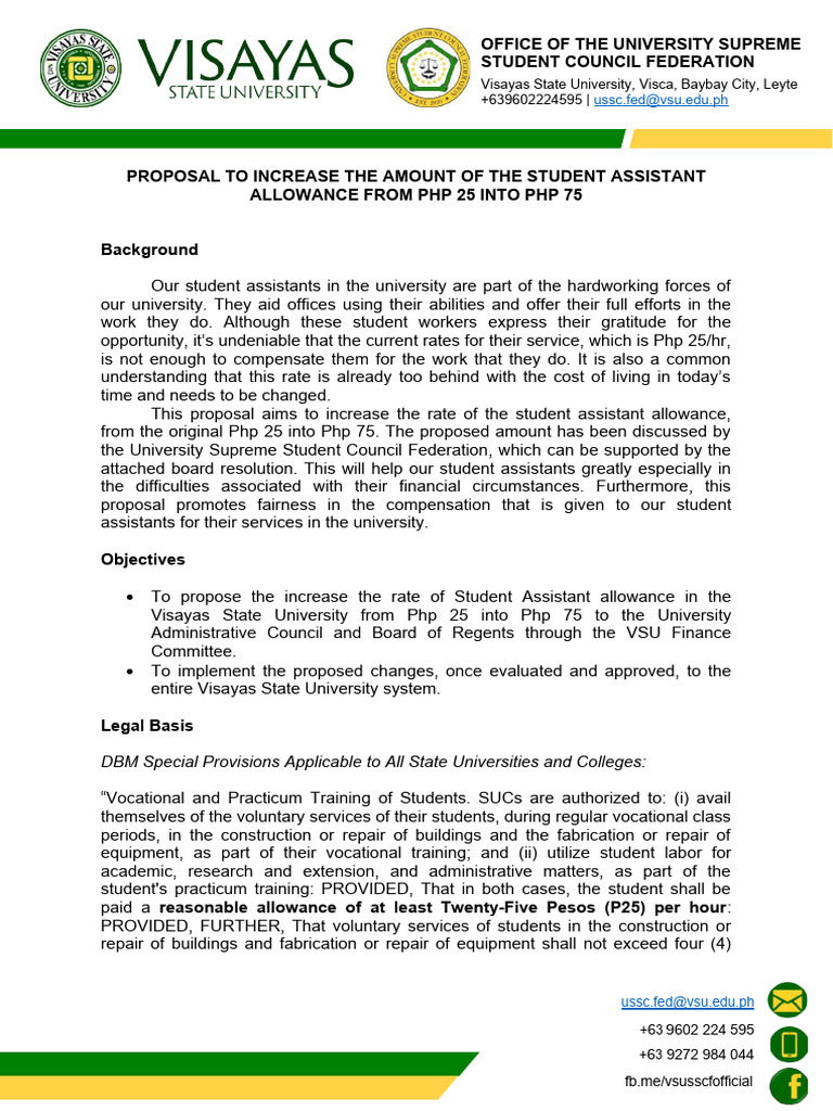 Proposal To Increase The Amount of The Student Assistant Allowance From PHP 25 Into PHP 75 | PDF ...