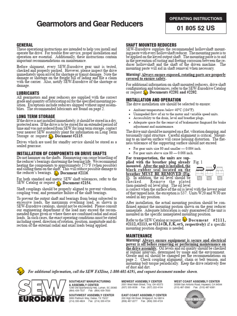 SEW-Eurodrive Gearmotor Installation Guide | PDF | Bearing (Mechanical ...