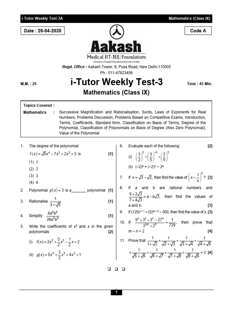 I-Tutor Weekly Test-3A Maths (C-IX) - 26-04-2020 | PDF | Polynomial ...