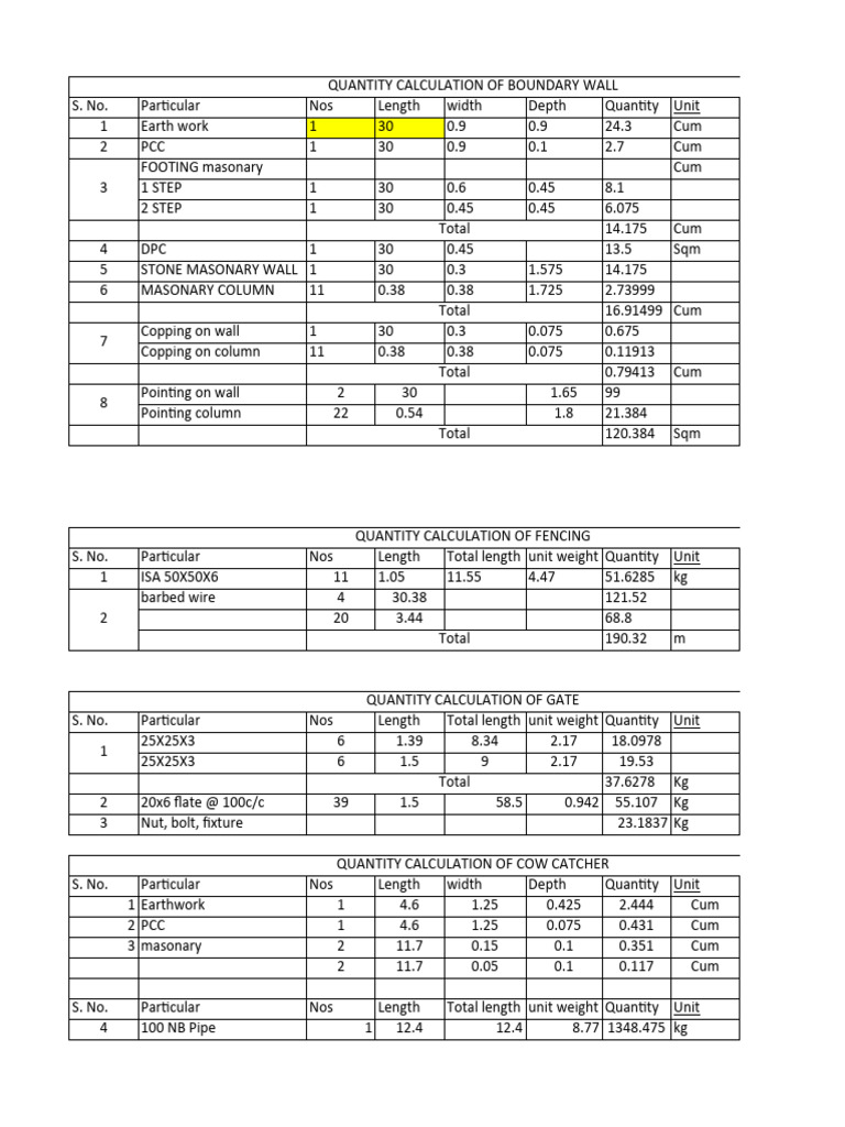 Boundary Wall Quantity Calculation | PDF | Civil Engineering | Components