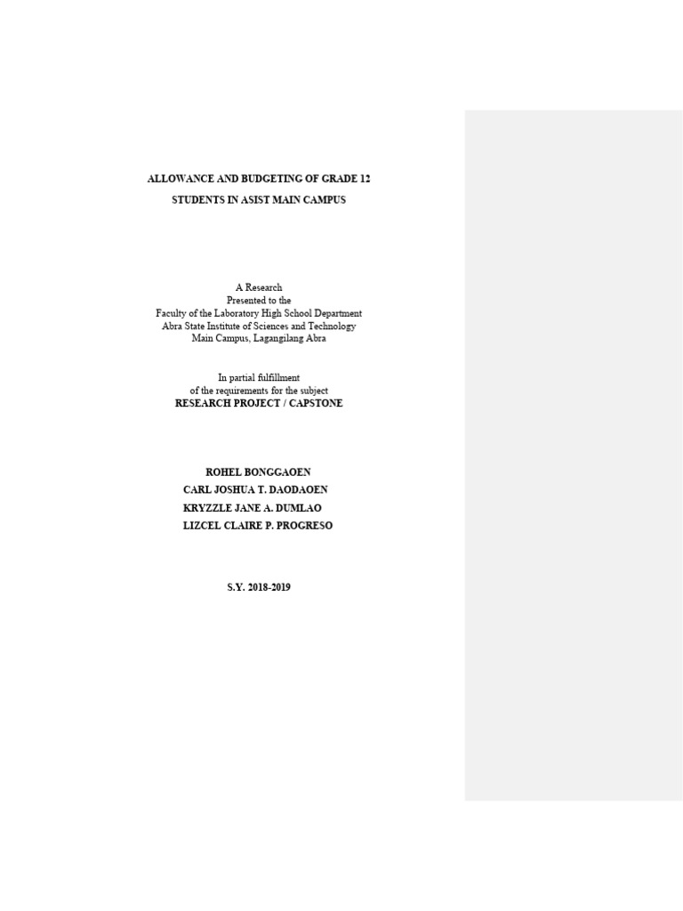 A Research On The Allowance and Budgeting of Grade 12 Students in Asist Main C | PDF | Survey ...