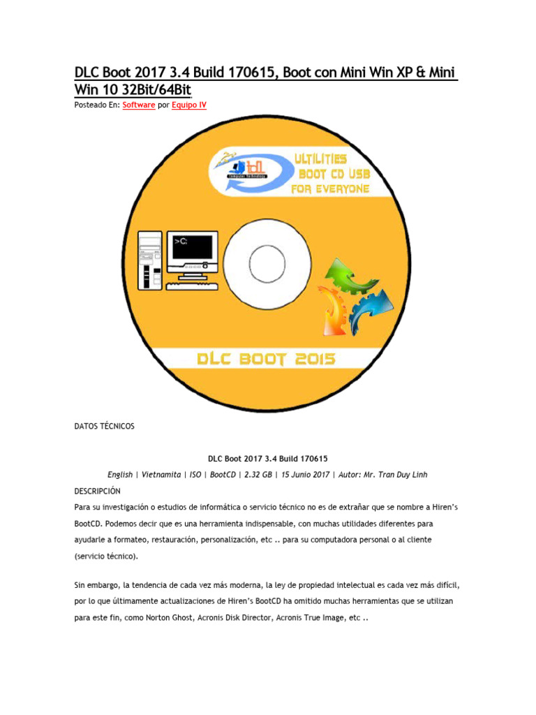 DLC Boot 2017 3.4 Build 170615, Boot Con Mini Win XP & Mini Win 10 32Bit64Bit | PDF | Arranque ...