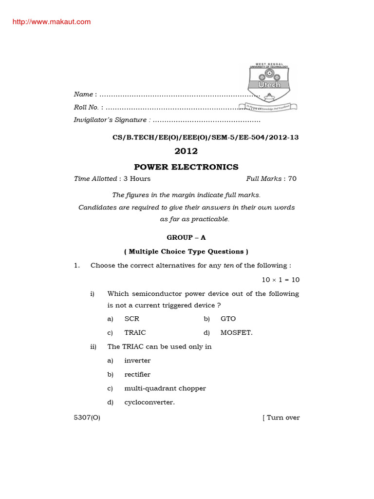 Power Electronics Exam Paper 2012-13 | PDF | Power Electronics ...