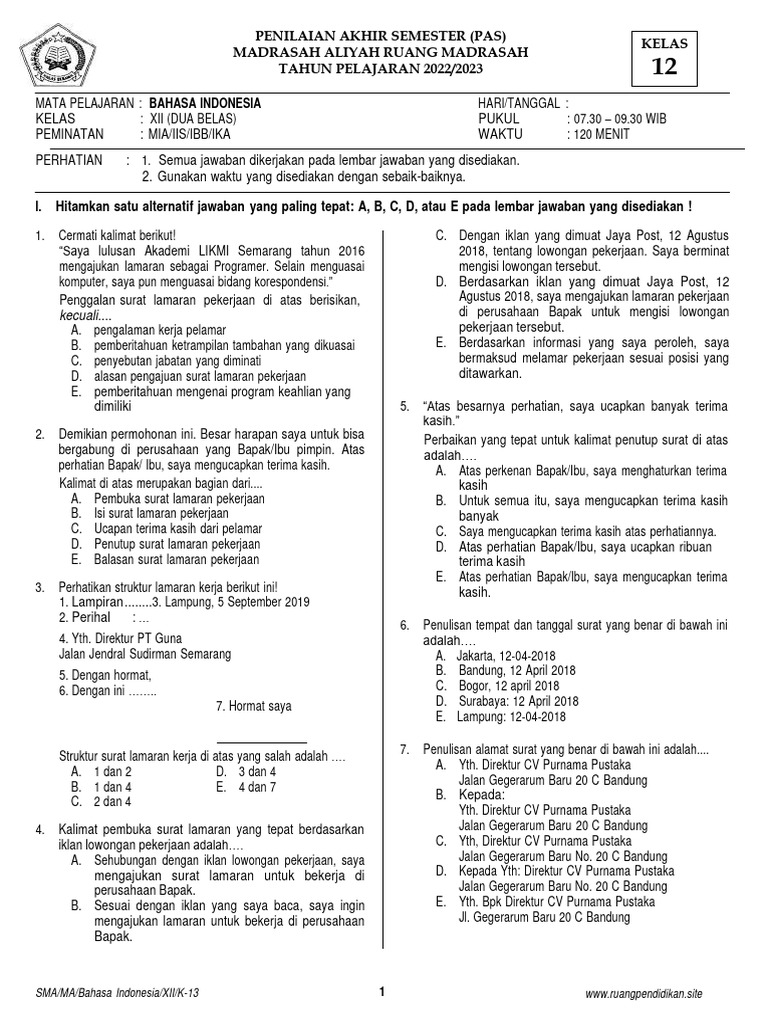 SOAL PAS Bhs. Indonesia KELAS 12 | PDF