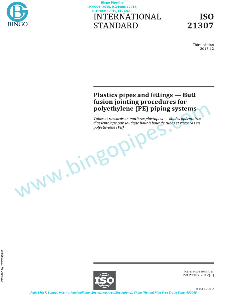 ISO 21307 Plastics Pipes and Fittings Butt Fusion Jointing Procedures For Polyethylene Piping ...