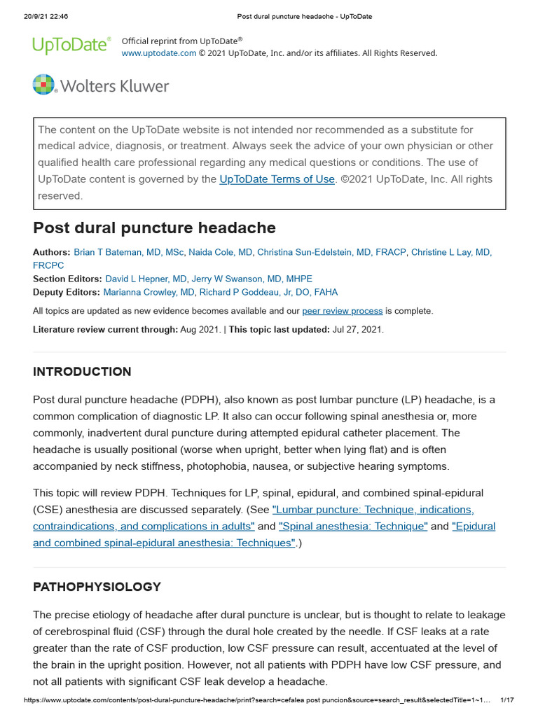 Post Dural Puncture Headache - UpToDate | PDF | Cerebrospinal Fluid ...