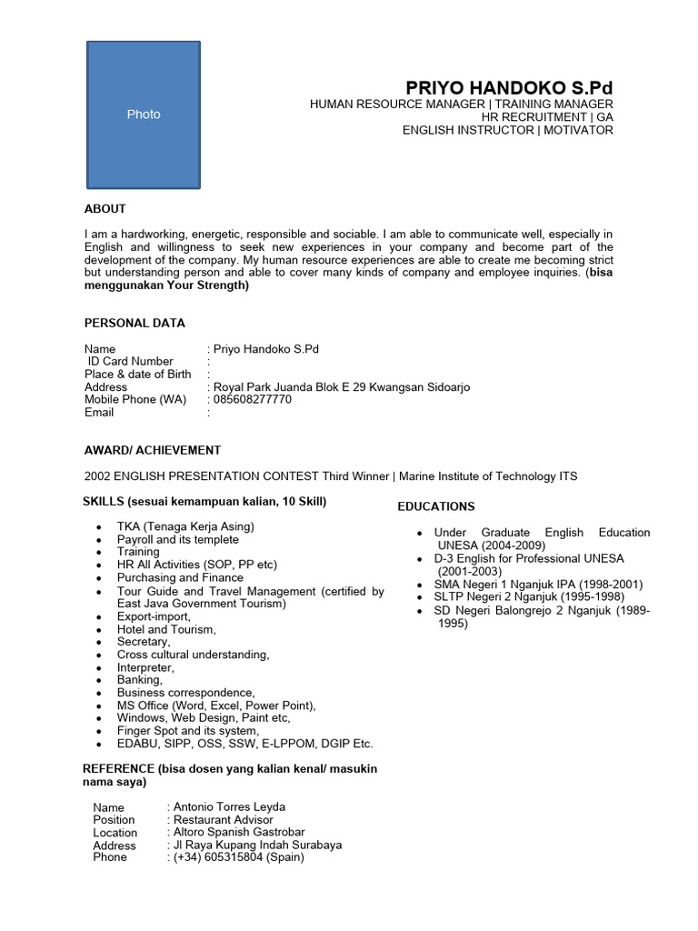 CV Priyo Handoko Shs Contoh | PDF | Employment | Recruitment