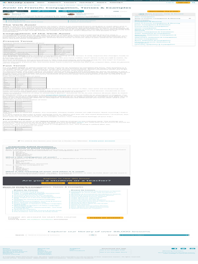 Avoir in French Conjugation, Tenses & Examples | PDF | Grammatical ...
