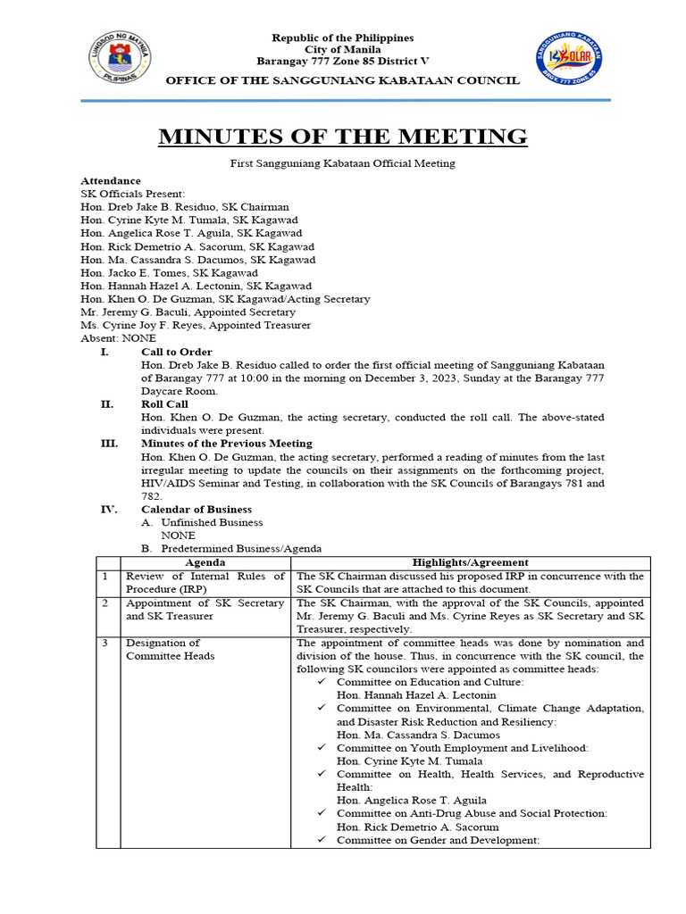 Minutes of The Meeting | PDF | Government