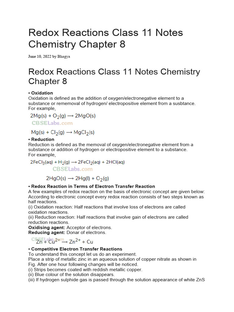 Redox Reactions Notes | PDF | Redox | Electrochemistry Redox Reactions Notes | PDF | Redox | Electrochemistry